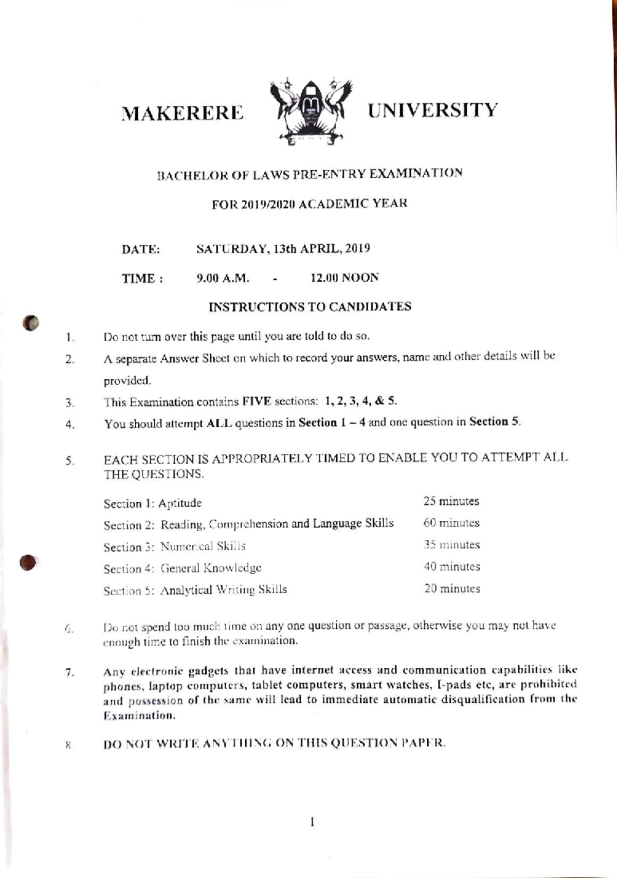 2019 Bachelor of Laws Pre-Entry Exam: Global Government Questions - Studocu