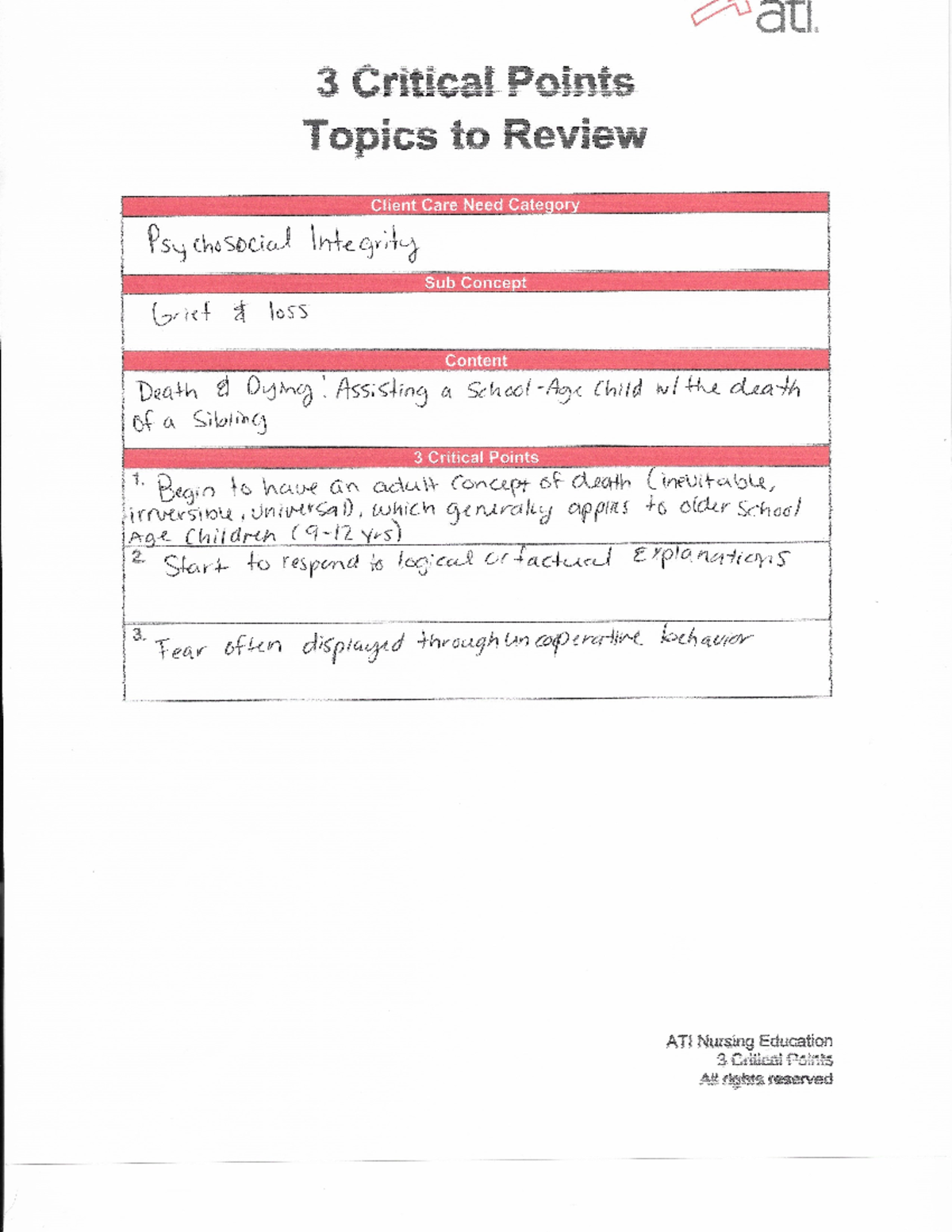 ATI 1 - ATI - atl. 3 Critical Points Topics to Review Client Care Need ...