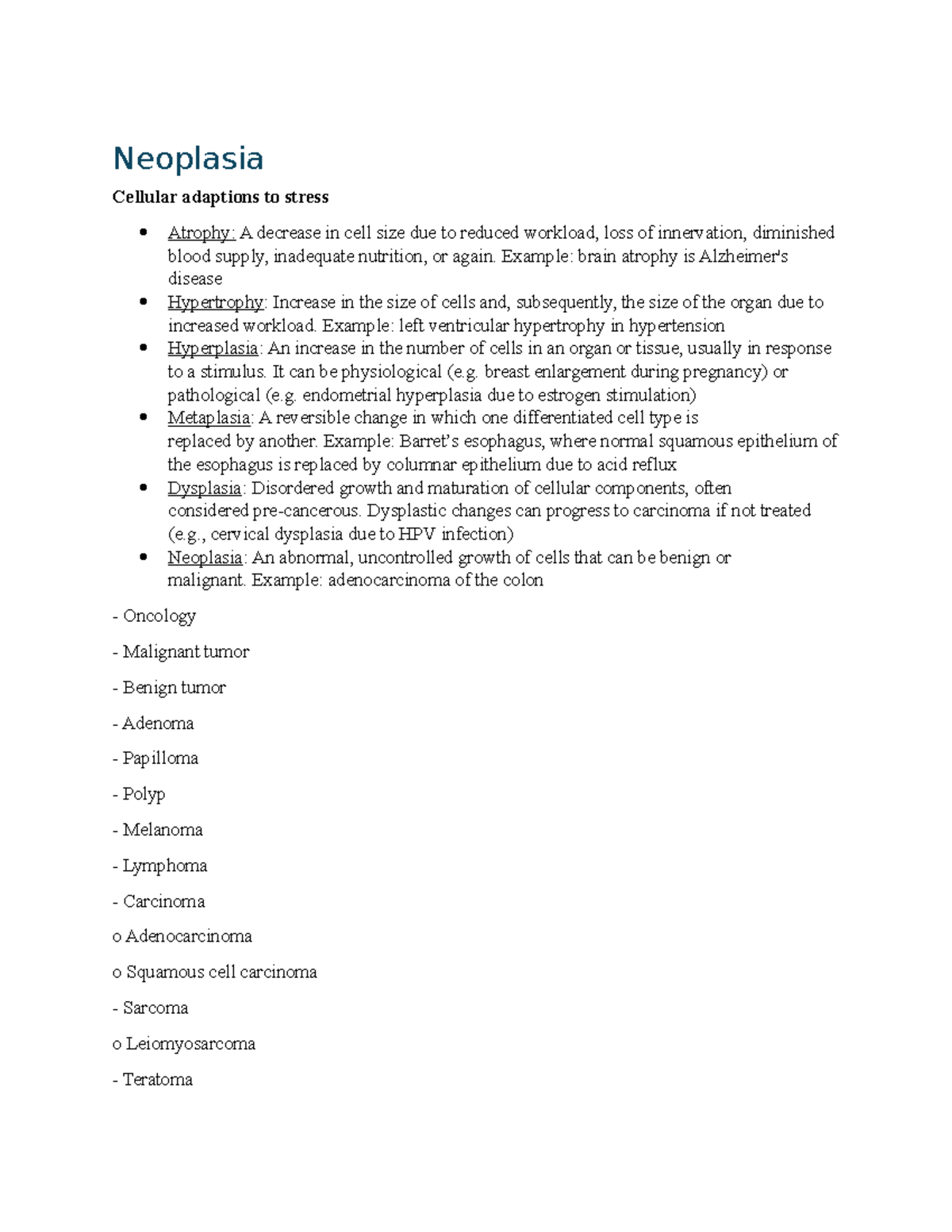 Path 101: Midterm 1 Notes on Neoplasia and Cellular Adaptations - Studocu