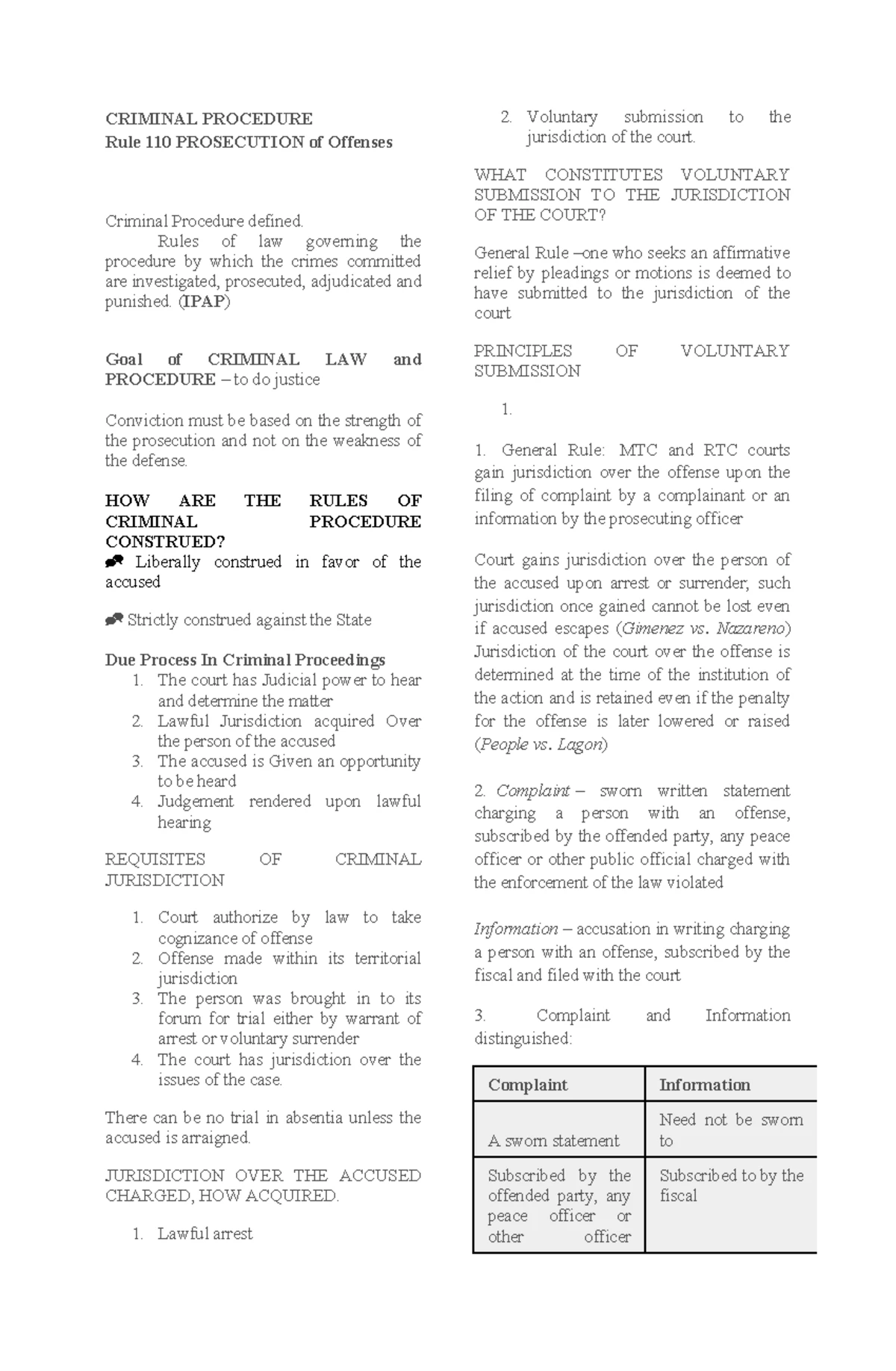 CRIM 101: Comprehensive Notes on Criminal Procedure Law - Studocu