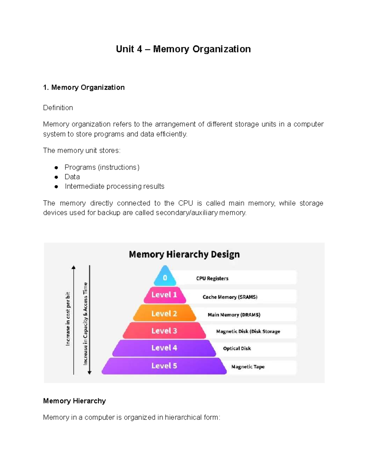 Unit 4 COA - Comprehensive Overview of Memory Organization - Studocu