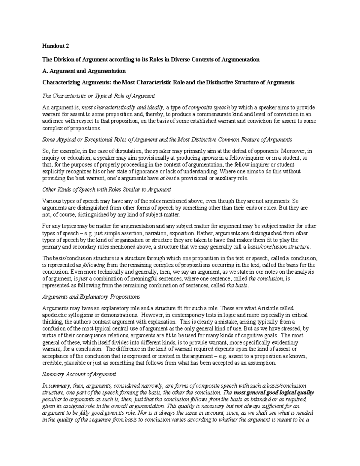 Handout 2 - The Roles of Argument in Diverse Contexts of Argumentation ...