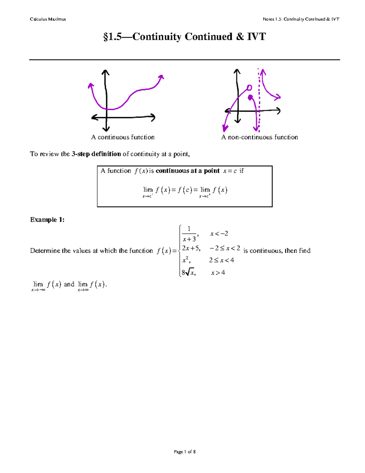 Calculus Maximus Notes 01.5: Continuity on Intervals & IVT - Studocu