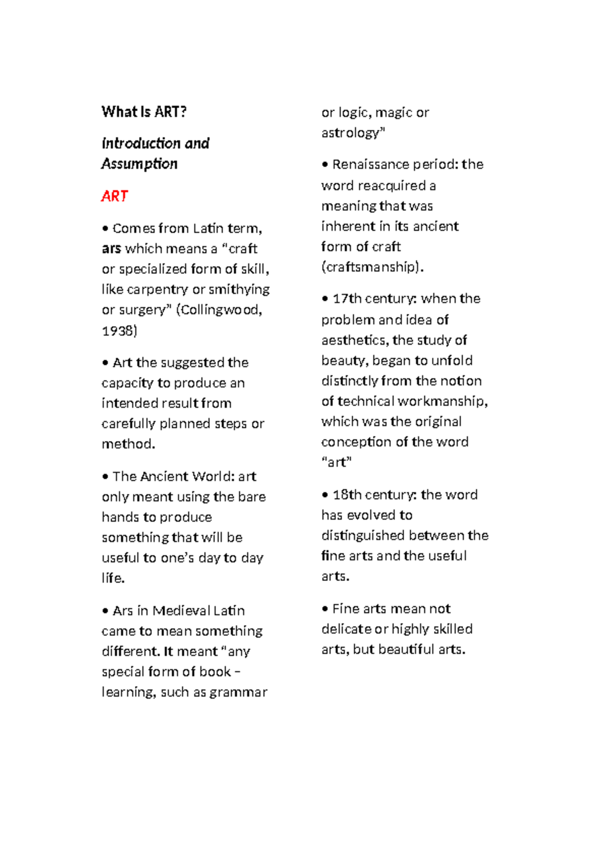 First ARTS - Understanding the Evolution and Assumptions of Art - Studocu