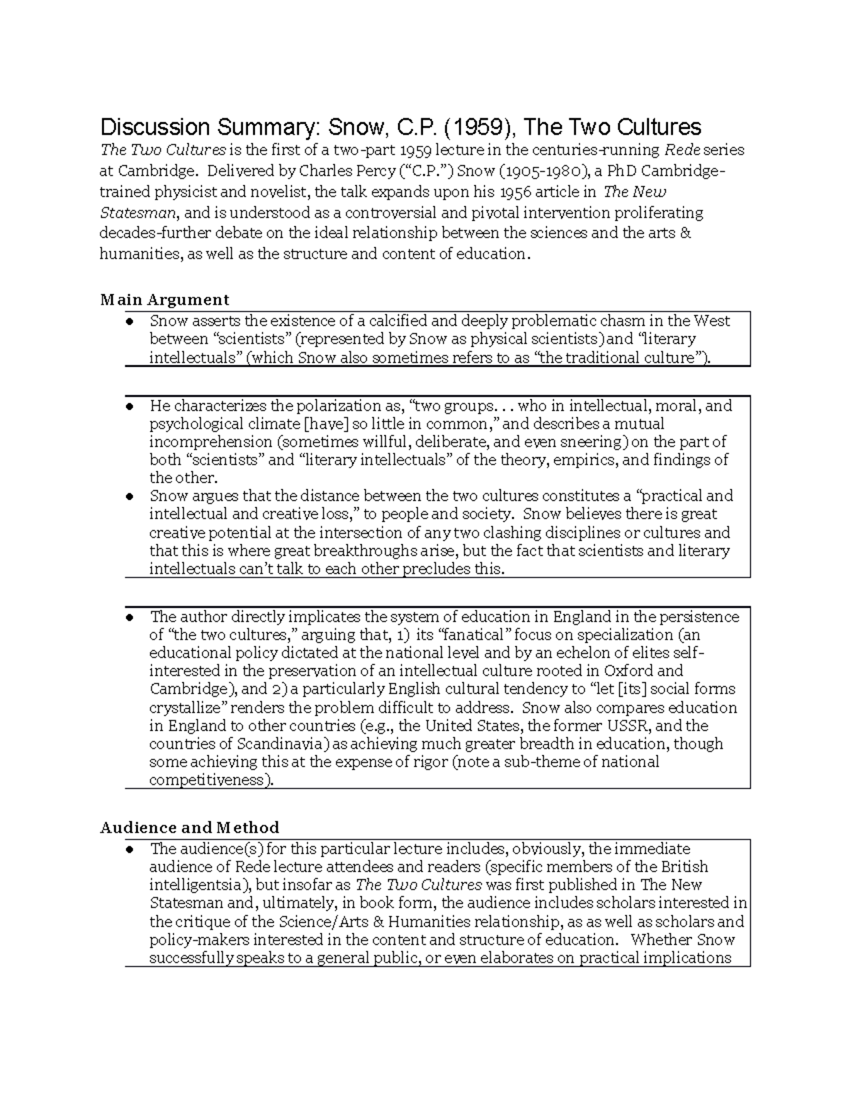 Discussion Summary: The Two Cultures by C.P. Snow (1959) - Key Insights ...