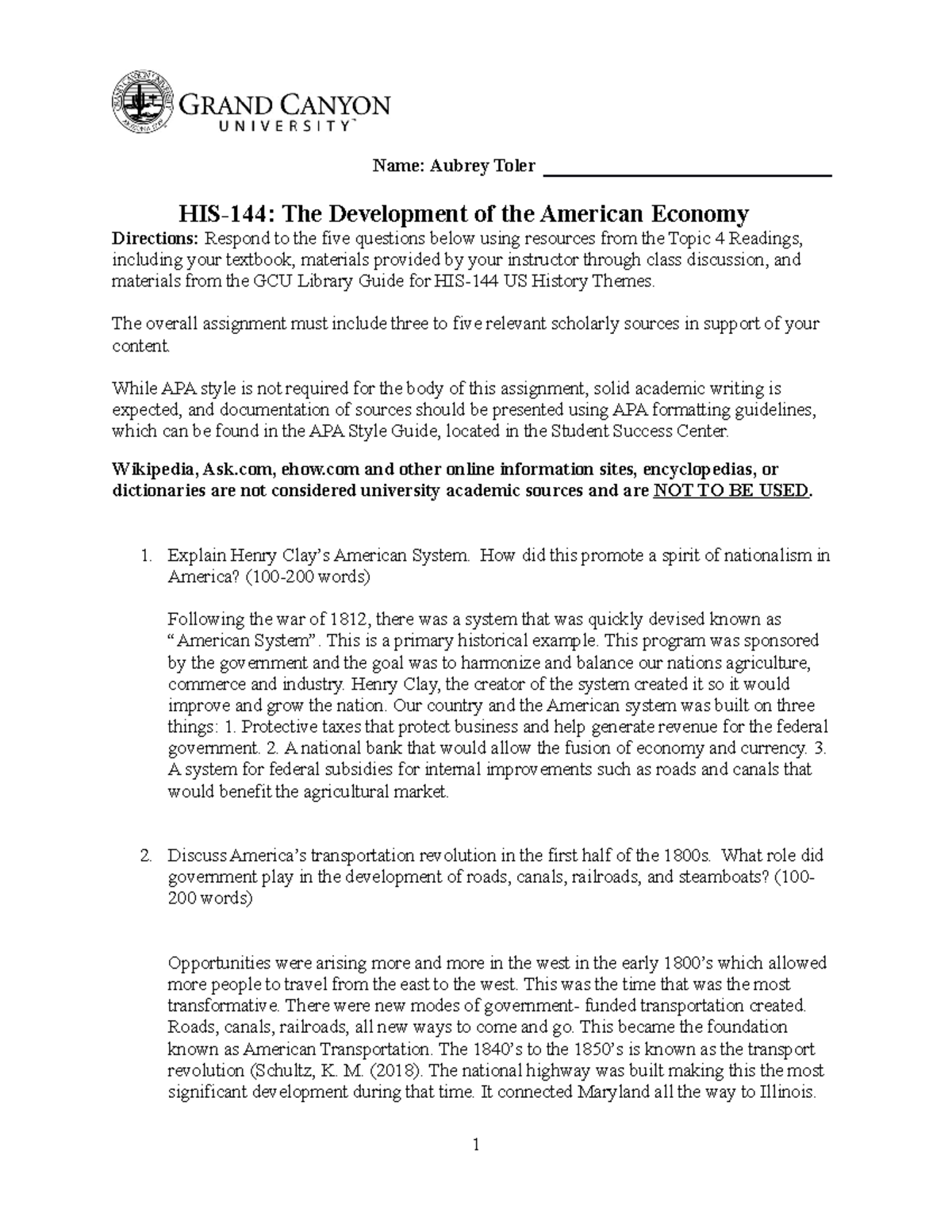 HIS-144 Development of the American Economy Worksheet - Name: Aubrey ...