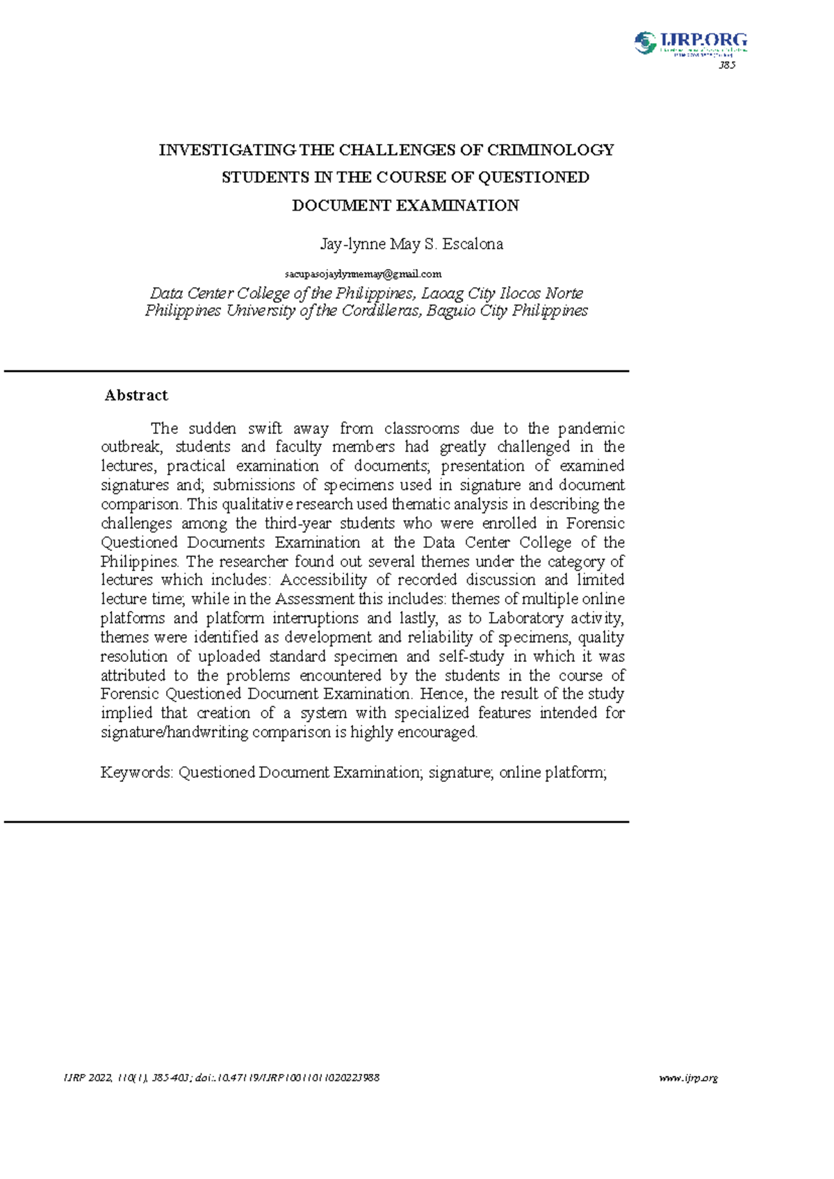 385 CHALLENGES FACED BY CRIMINOLOGY STUDENTS IN FORENSIC QUESTIONED ...