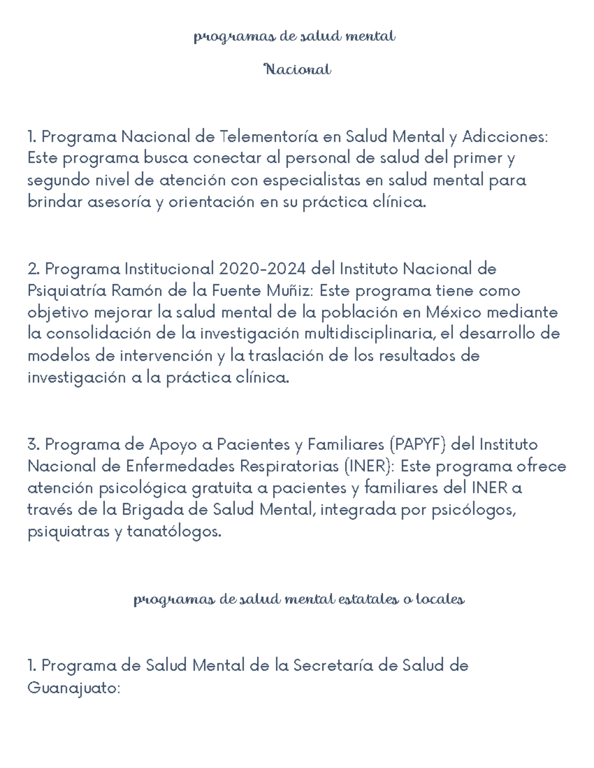 Programas Nacionales y Estatales de Salud Mental en México - Studocu