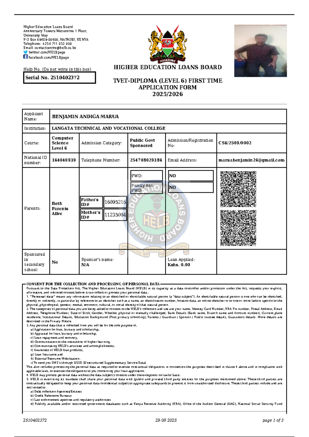 HELB Level 6 First Time Loan Application Form - 2510402372 - Studocu