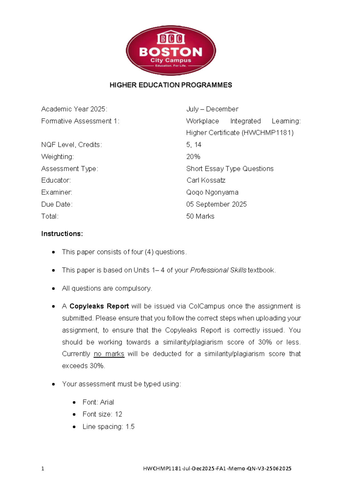 HWCHMP1181: Formative Assessment 1 - Workplace Integrated Learning ...