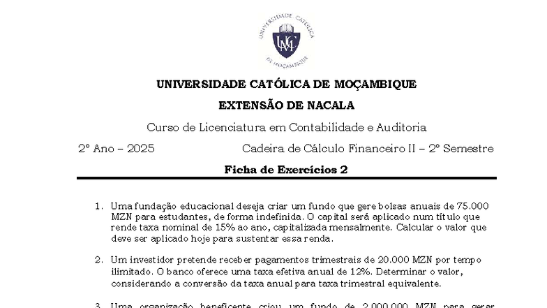 Ficha de Exercícios 2 - Cálculo Financeiro II CF2 CA 2025 UCM - Studocu