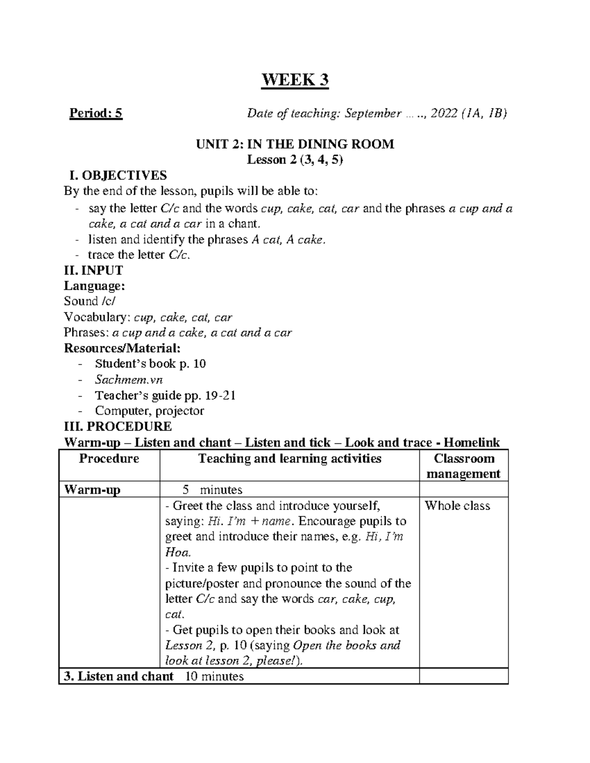 WEEK 3 - lesson plan - WEEK 3 Period: 5 Date of teaching: September ...