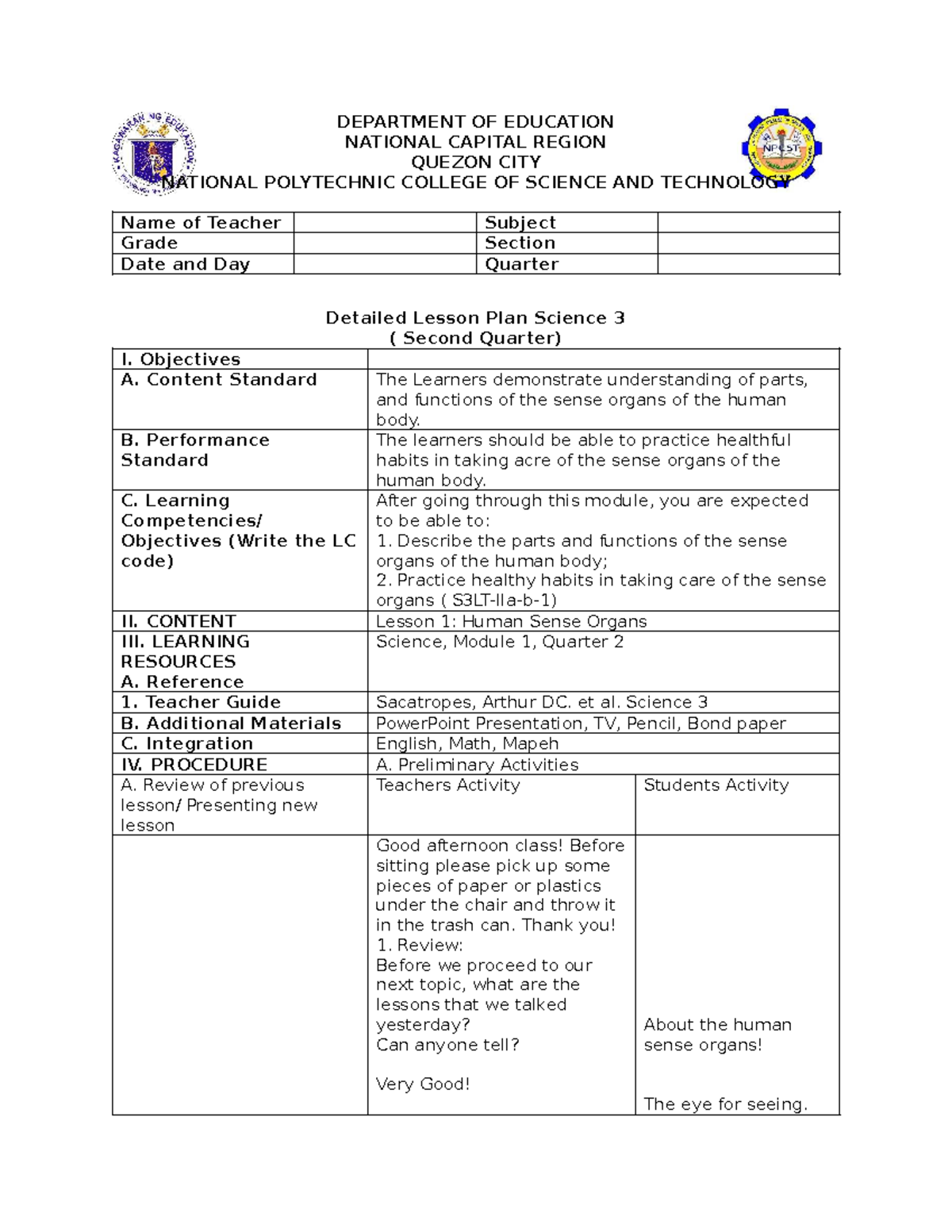 Detailed Lesson Plan: Science 3 (2nd Quarter) - Human Sense Organs ...