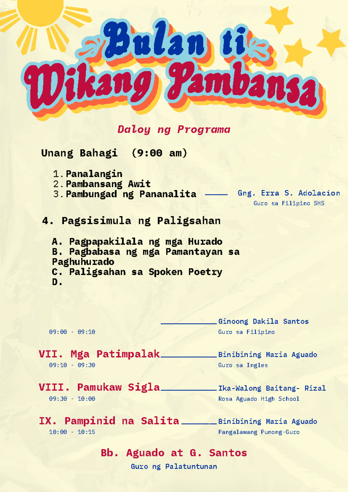 Buwan ng Wika Daloy ng Programa (SHS) - Unang Bahagi - Studocu