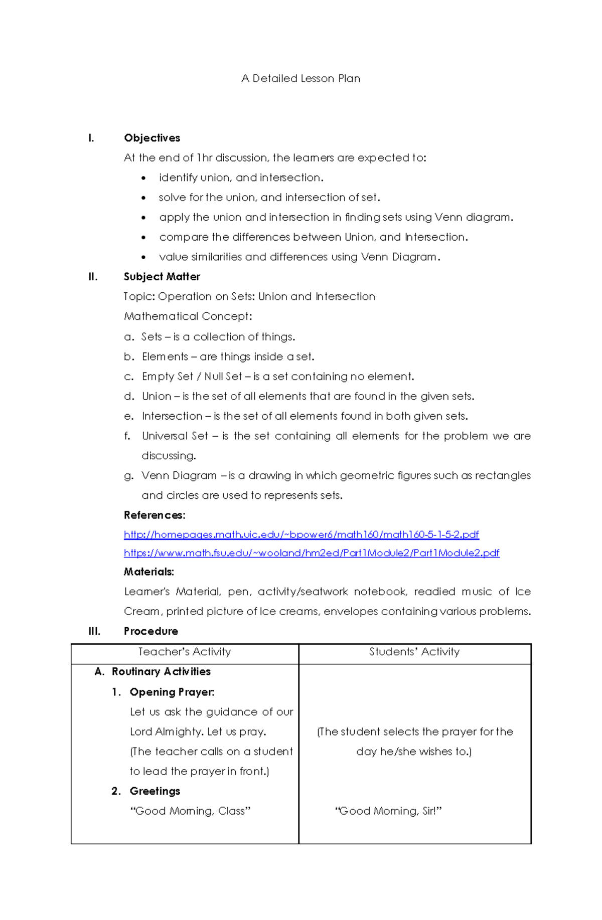 Sample Lesson Plan 1 - A Detailed Lesson Plan I. Objectives At the end ...