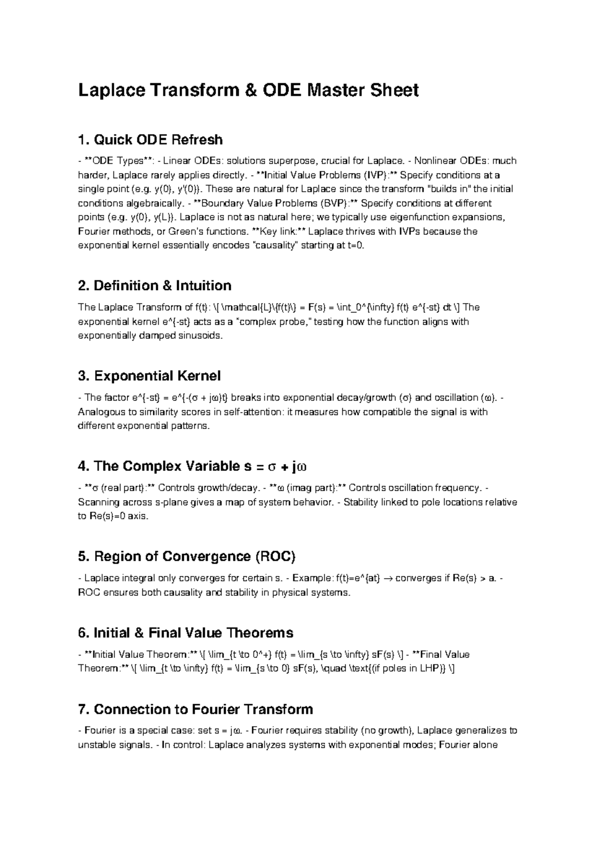 Laplace Transform ODE Master Sheet: Key Concepts & Techniques - Studocu