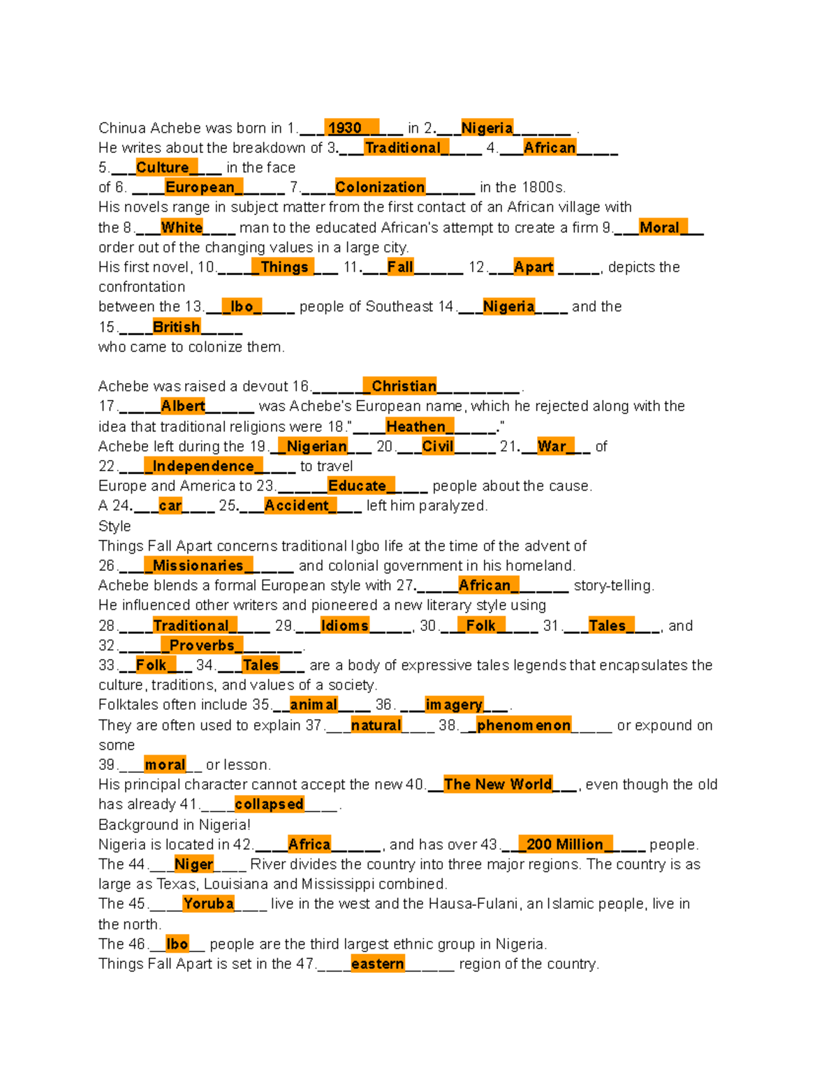 Chinua Achebe Webquest - Chinua Achebe was born in 1.___ 1930_____ in 2 ...