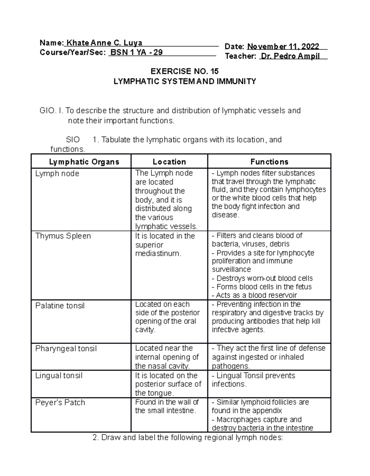 Exercise 15: Lymphatic System & Immunity Notes (BSN 1 YA-29, Week 10 ...
