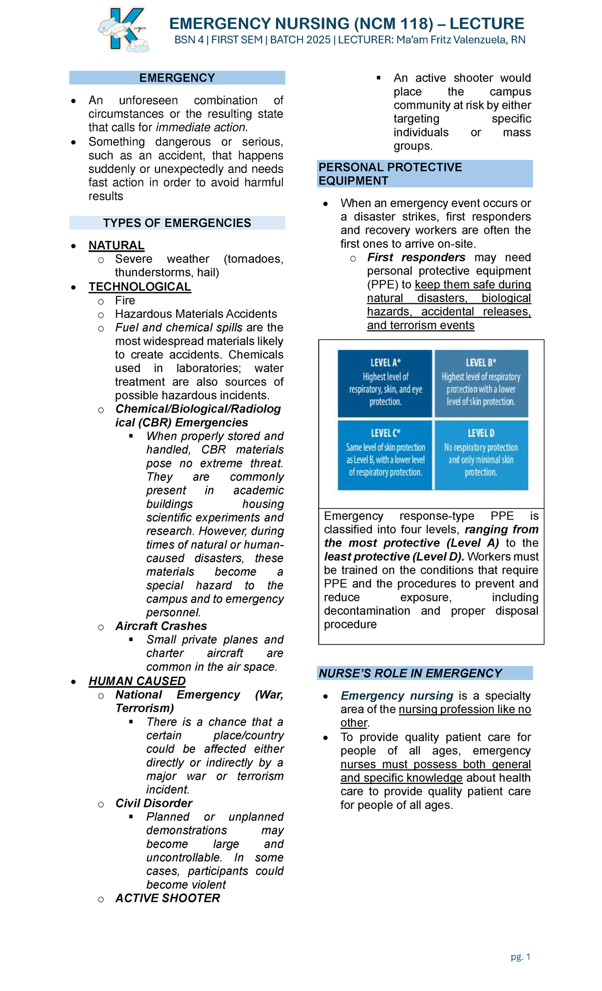Emergency Nursing (NCM 118) Lecture Notes for BSN 4 - 1st Sem 2025 ...