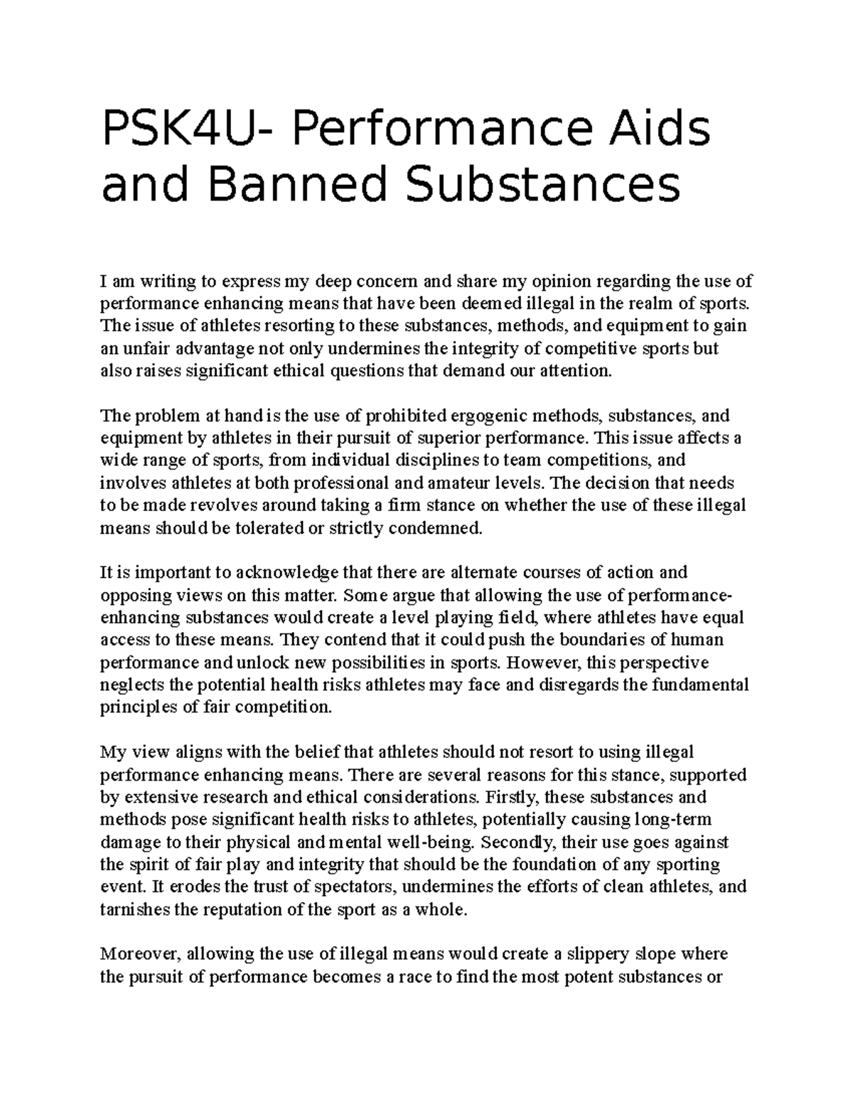 PSK4U - The Ethics of Performance Aids in Sports Competition - Studocu