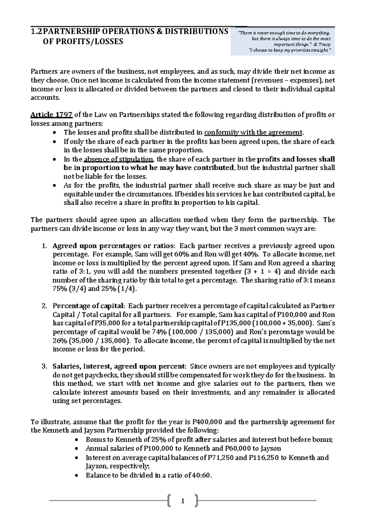 1.2. Partnership Operations and Distributions of Profits or Losses - 1 ...