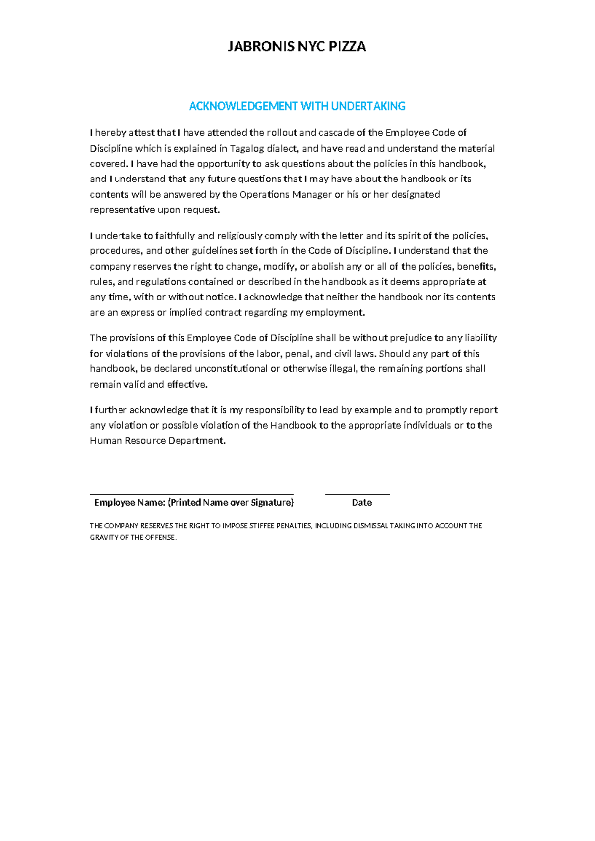 HRD - Jabronis - Employee Code of Discipline Acknowledgement Form - Studocu