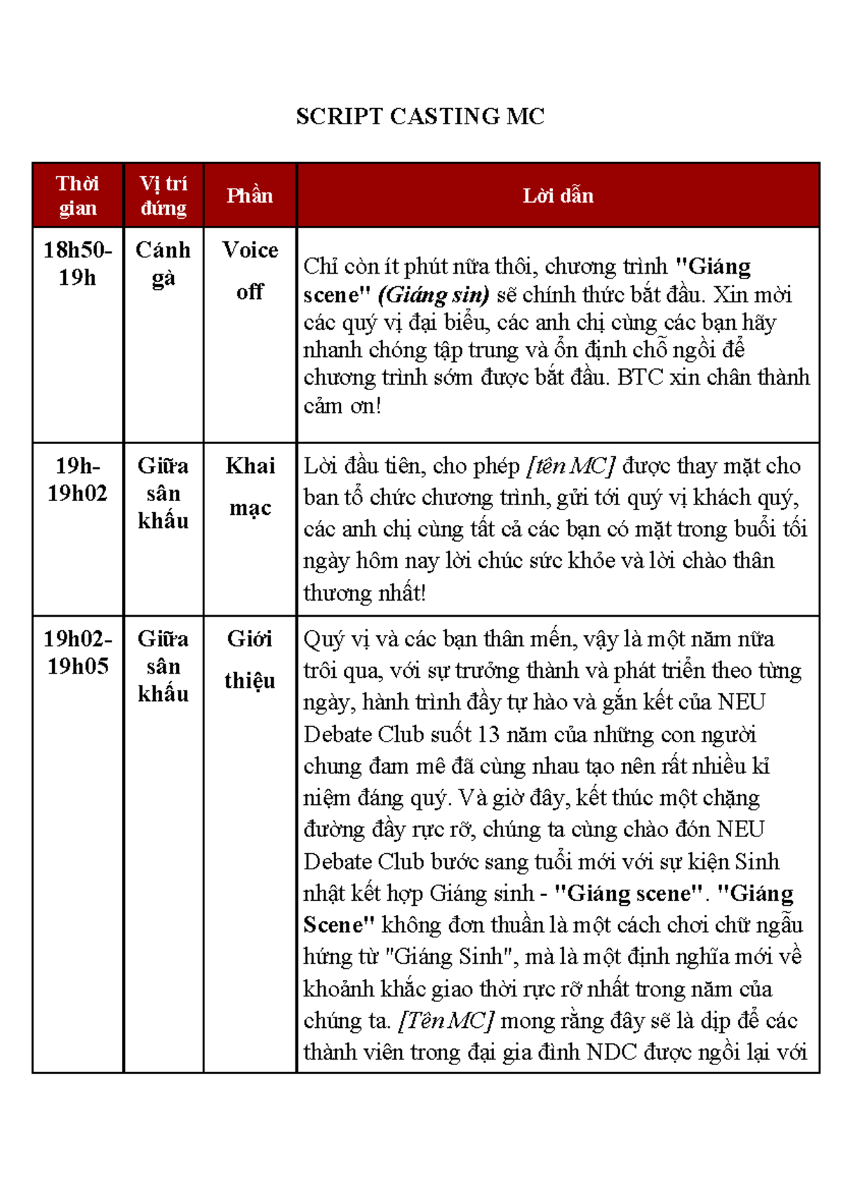 [SN13] [BSK] Kịch Bản MC Sự Kiện Giáng Sinh NEU Debate Club - Studocu