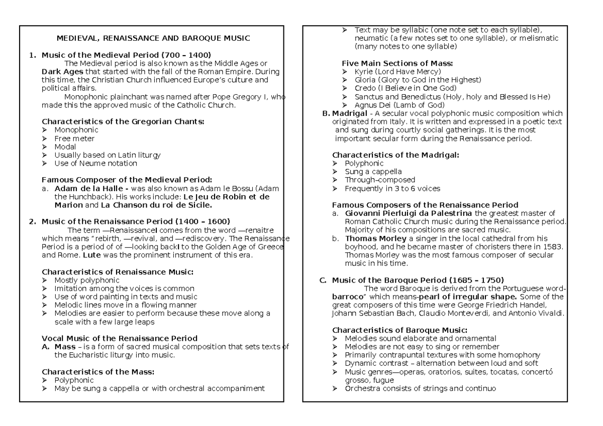 MEDIEVAL, RENAISSANCE & BAROQUE MUSIC: An Overview of Eras - Studocu