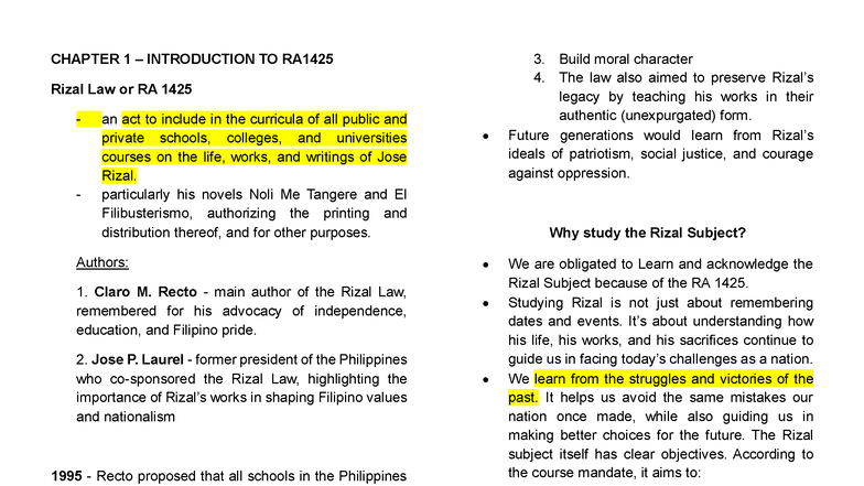 CHAPTER 1: INTRODUCTION TO RA 1425 - Rizal Law Overview and ...