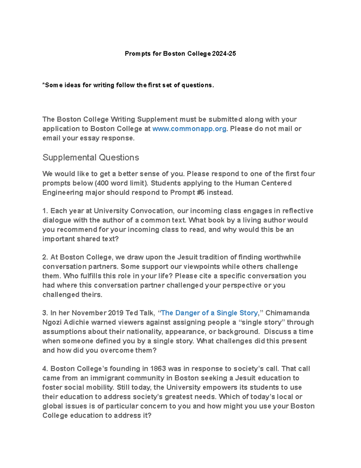 Boston College Writing Supplement Prompts 2024-25 - Studocu
