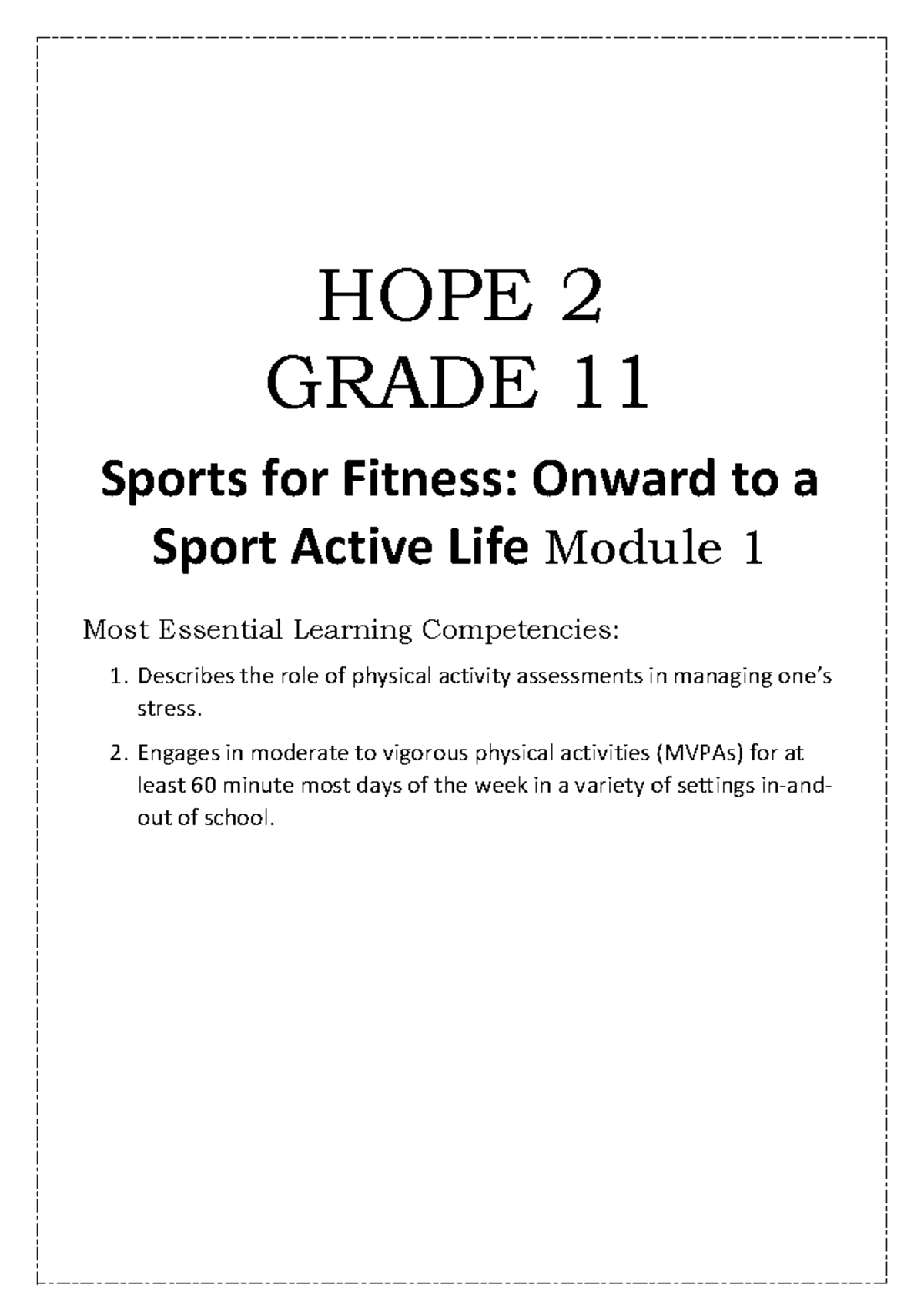 HOPE 2: Grade 11 Module on Sports for Fitness and Stress Management ...