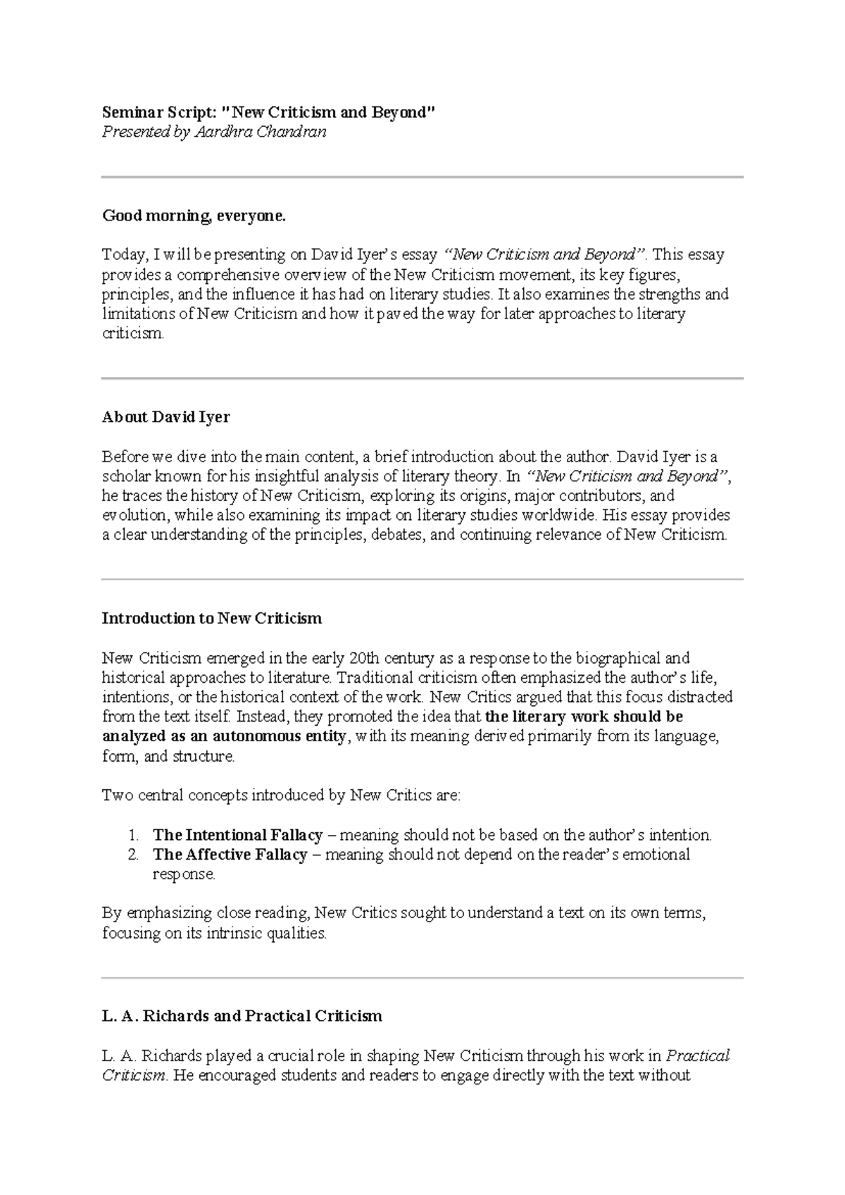 Seminar Script: Overview of New Criticism by David Iyer - Studocu