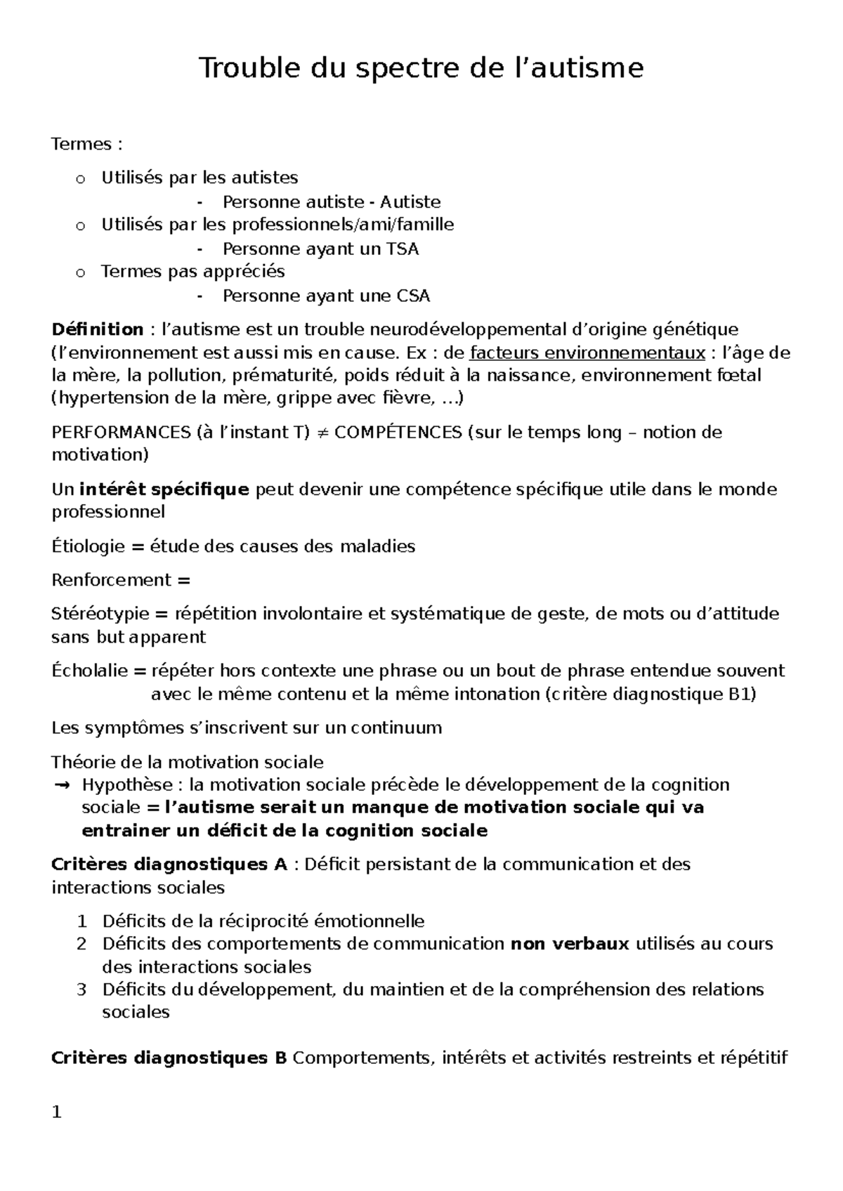 Notes sur le Trouble du Spectre Autistique (TSA) : Terminologie et ...