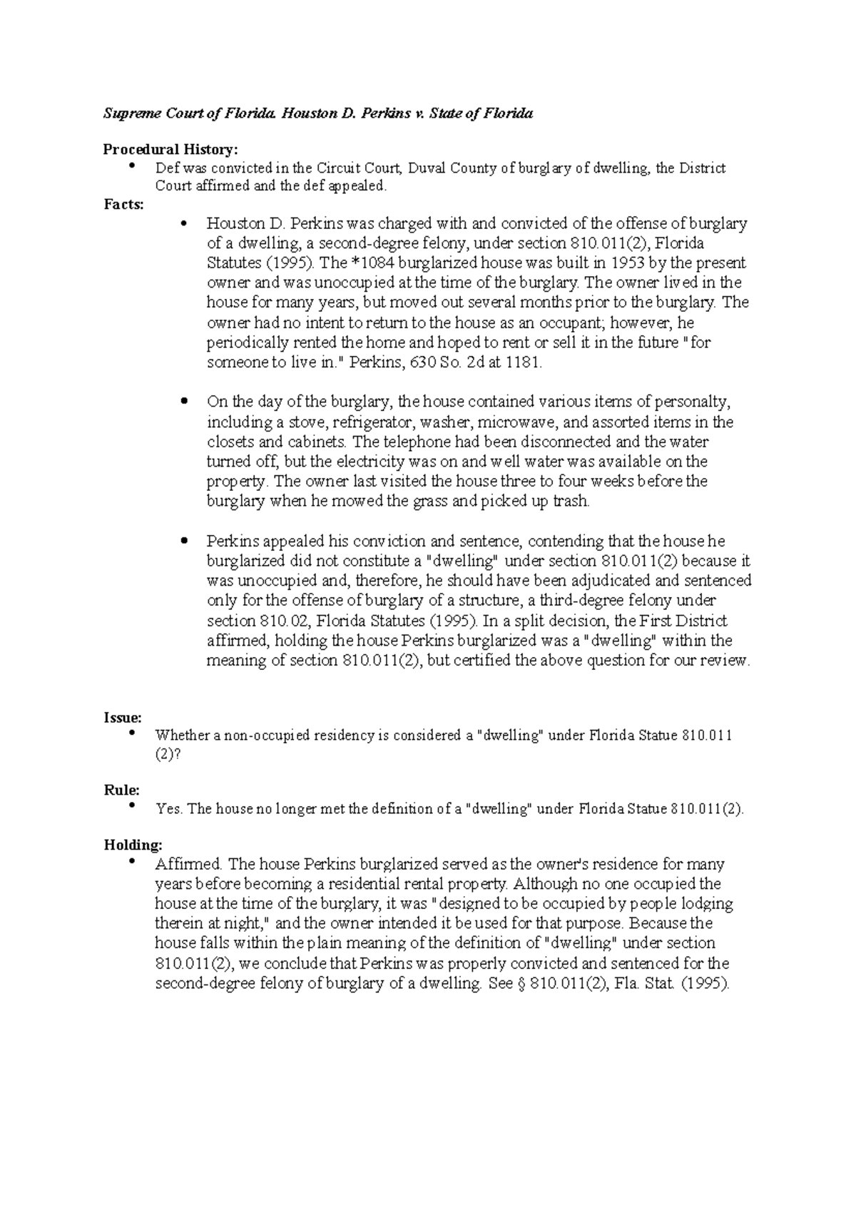 Perkins v. State of Florida: Legal Brief Analysis on Dwelling ...