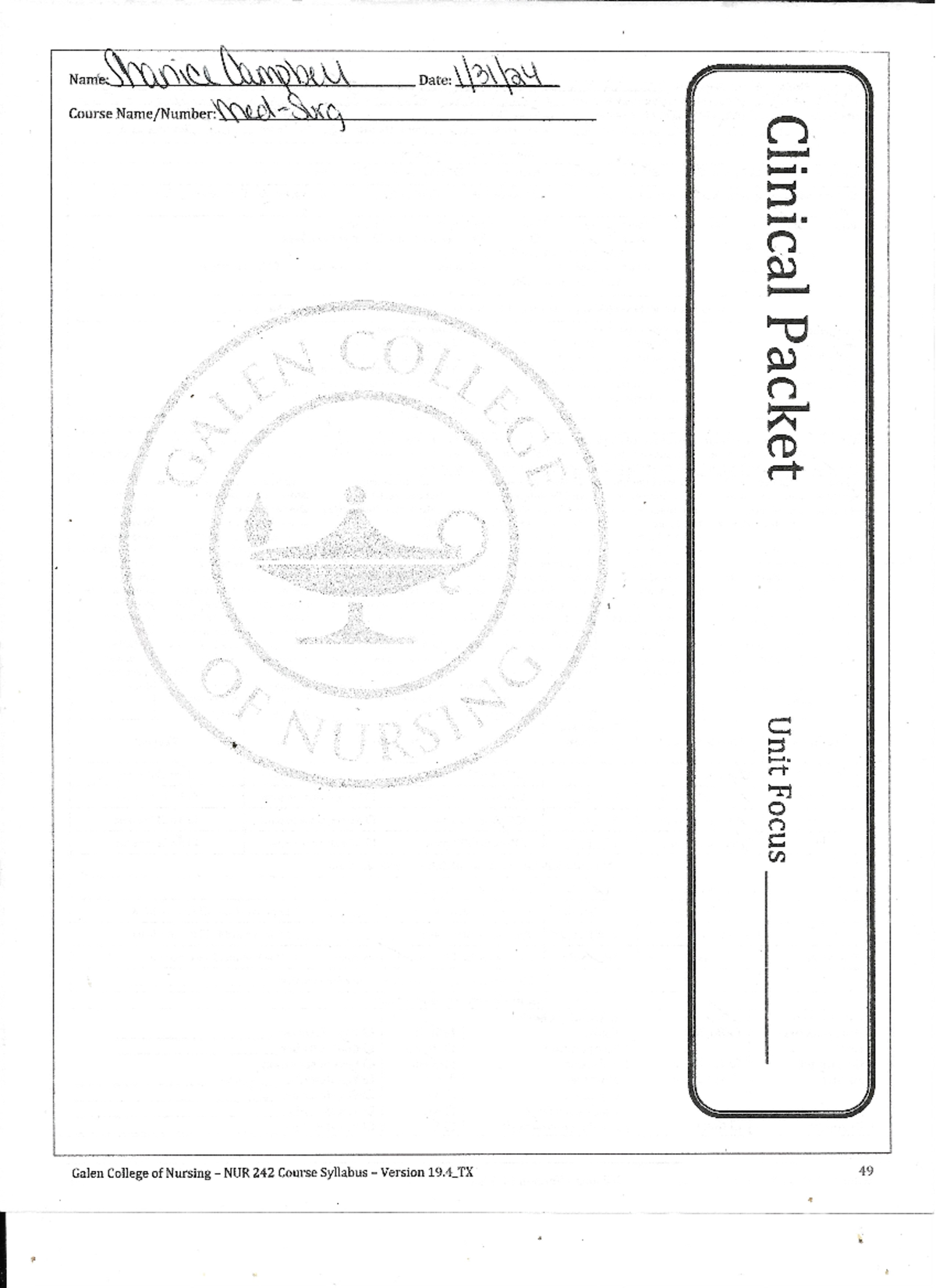 Clinical Packet 2 - Name: Shanice Campbell Date: Course LEN NURSIN ...