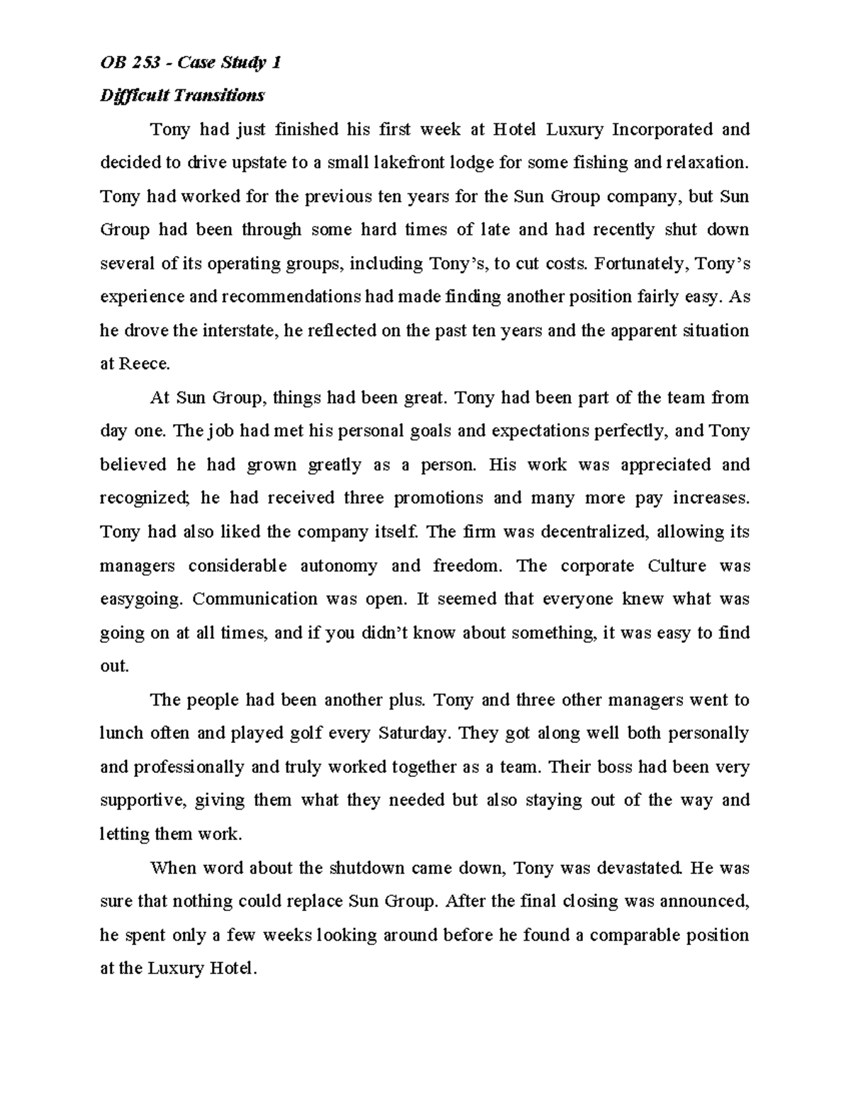OB 253 Case Study - jaksk - OB 253 - Case Study 1 Difficult Transitions ...