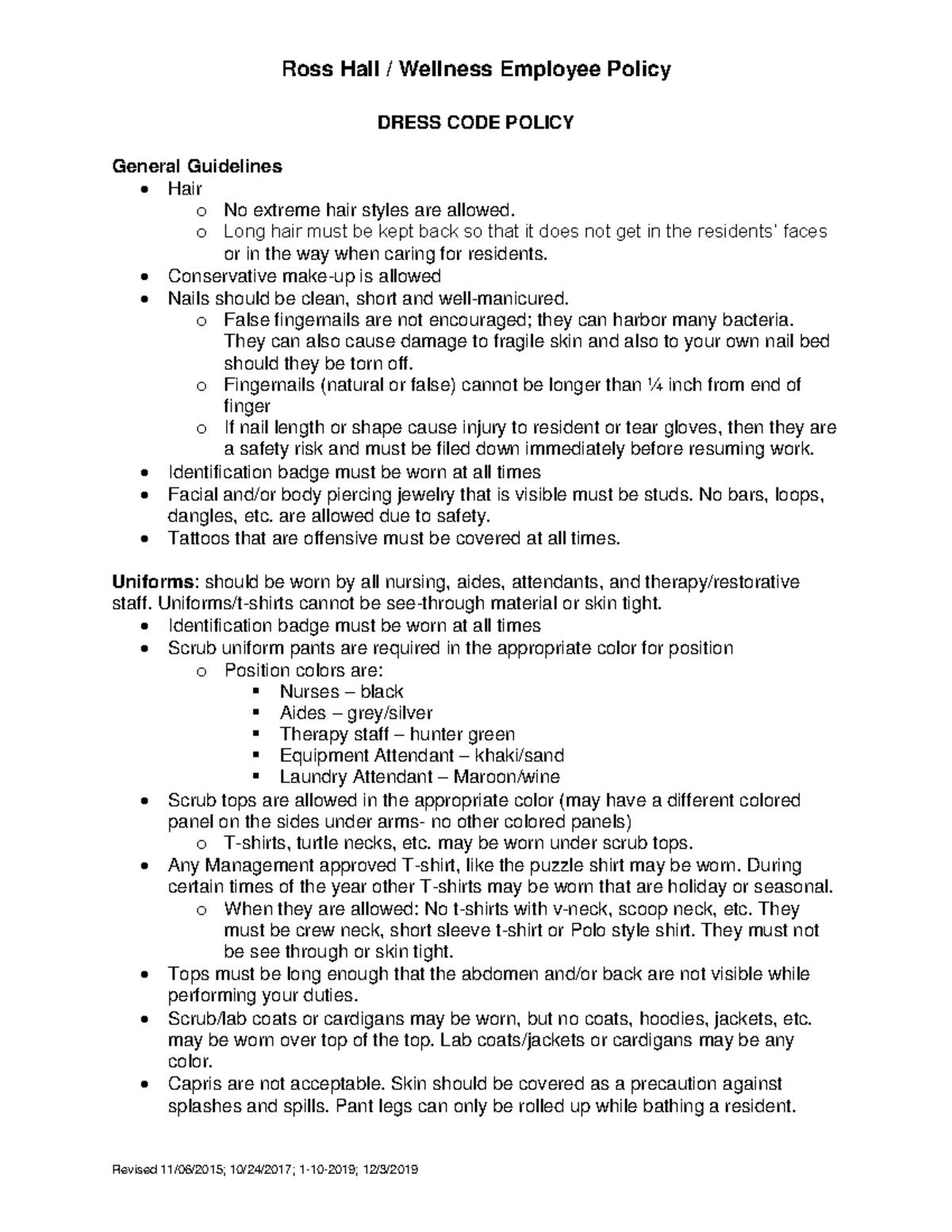 Ross Hall Wellness Employee Policy: Dress Code Guidelines (Dec 2019 ...