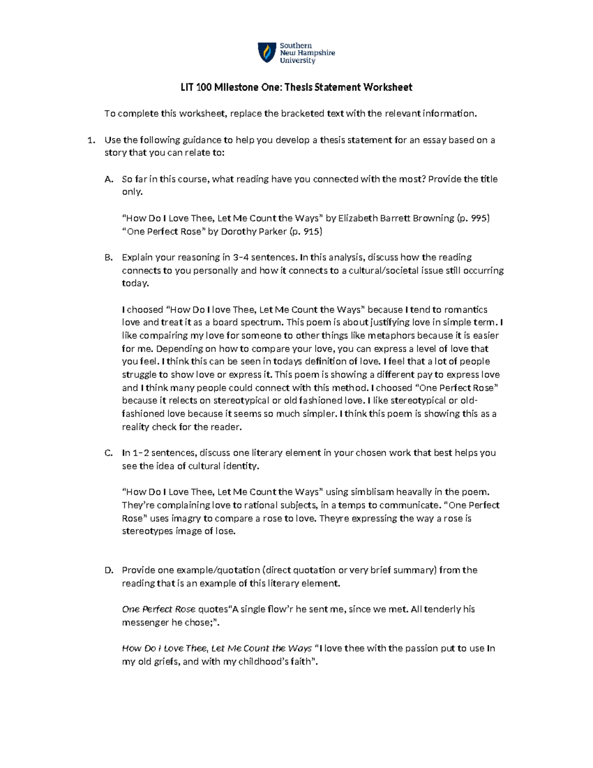 LIT 100 Milestone One: Thesis Statement Development Worksheet - Studocu