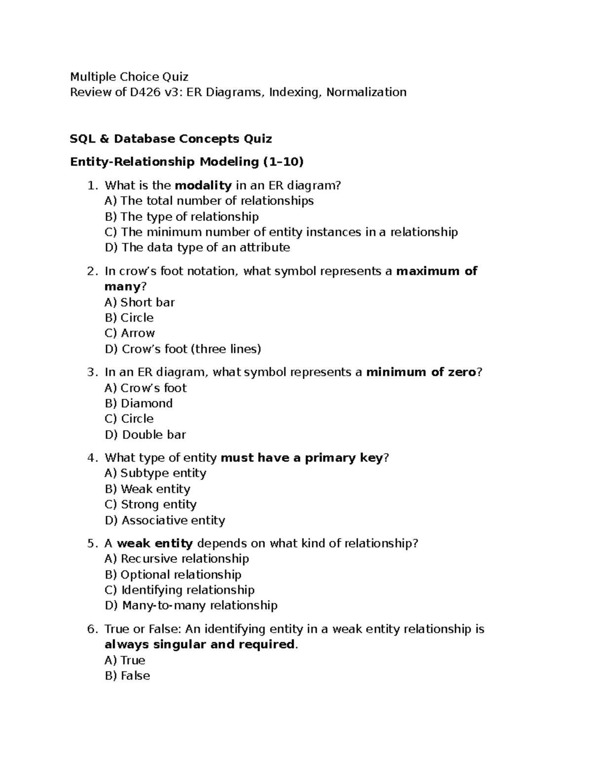 SQL D426 v3: Quiz Review on ER Diagrams, Normalization & Indexing - Studocu