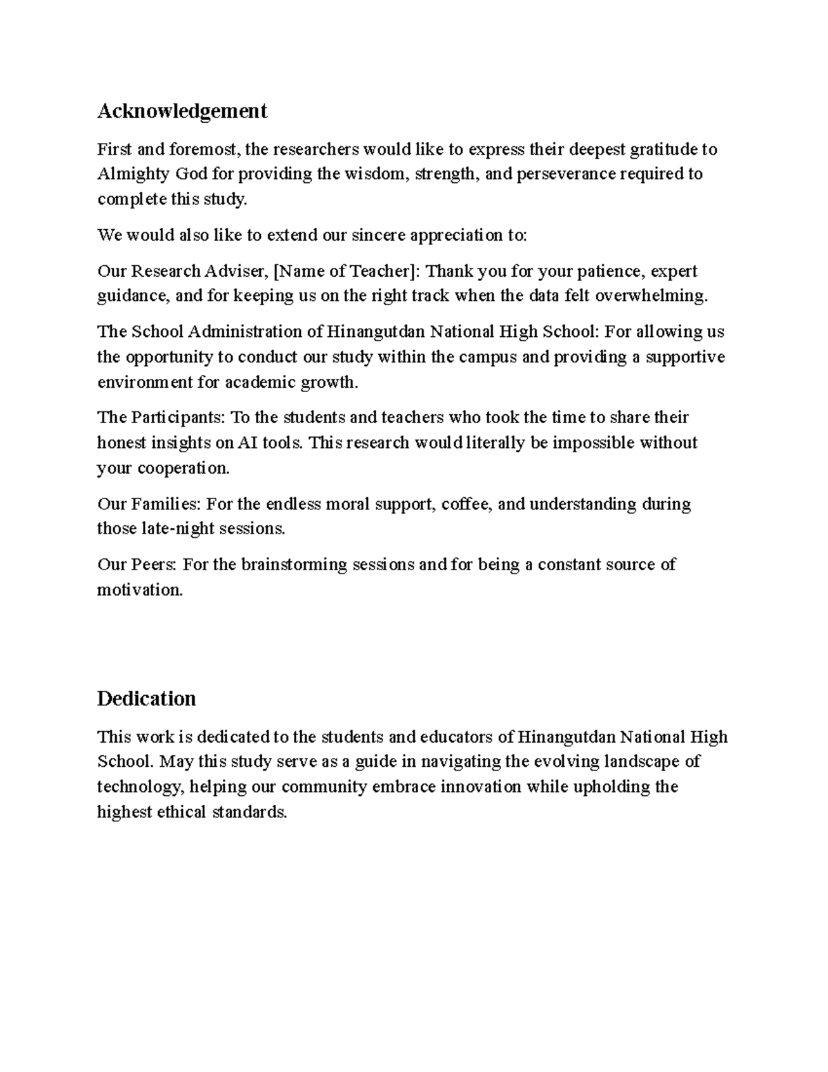 Acknowledgements and Dedication for Research Study on AI Tools - Studocu