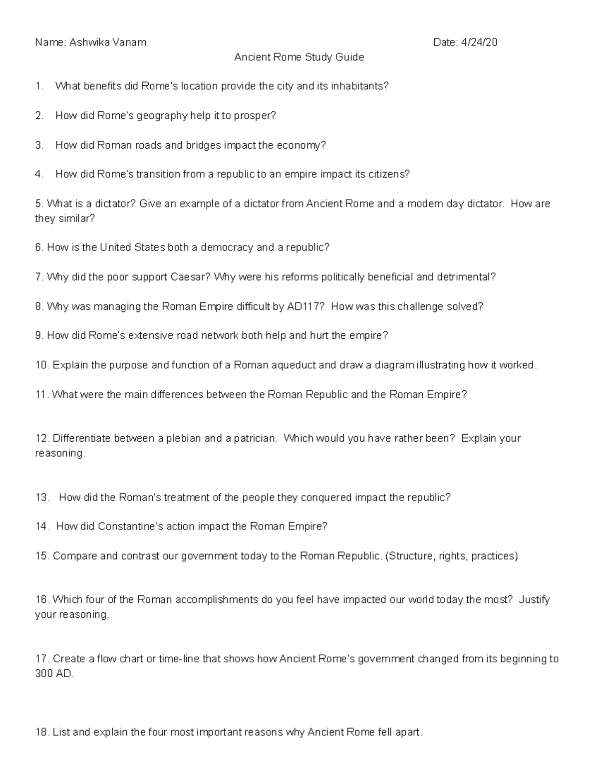 Ancient Rome Study Guide - Name: Ashwika Vanam Date: 4/24/ Ancient Rome ...