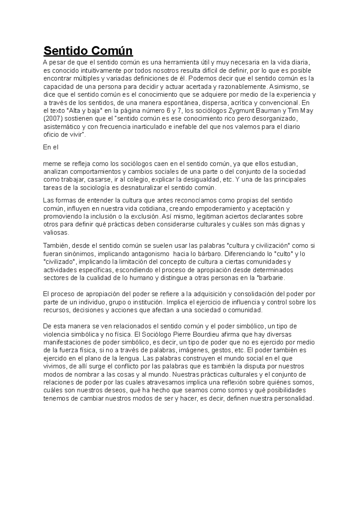 Trabajo sobre el Sentido Común en la Sociología - Studocu