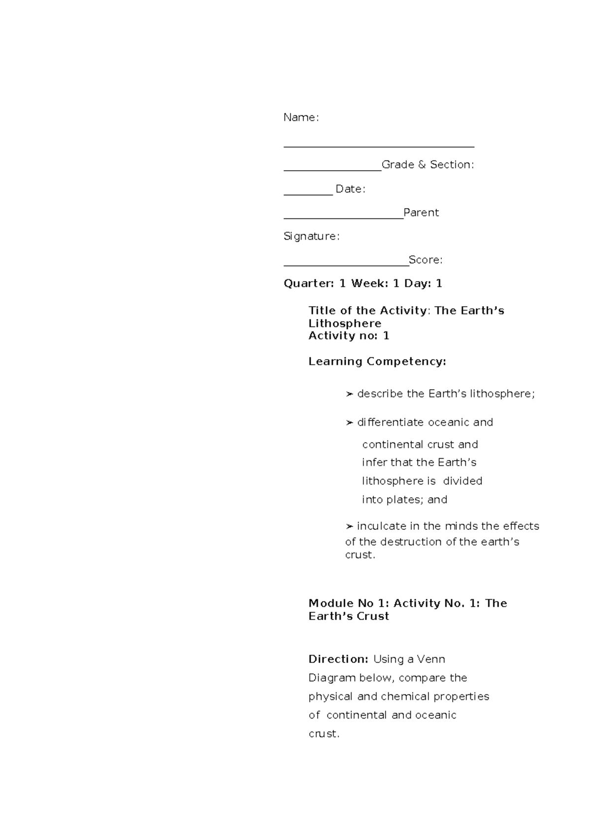 Science 10 - Q1 - Activity 1: Comparing Oceanic & Continental Crust ...