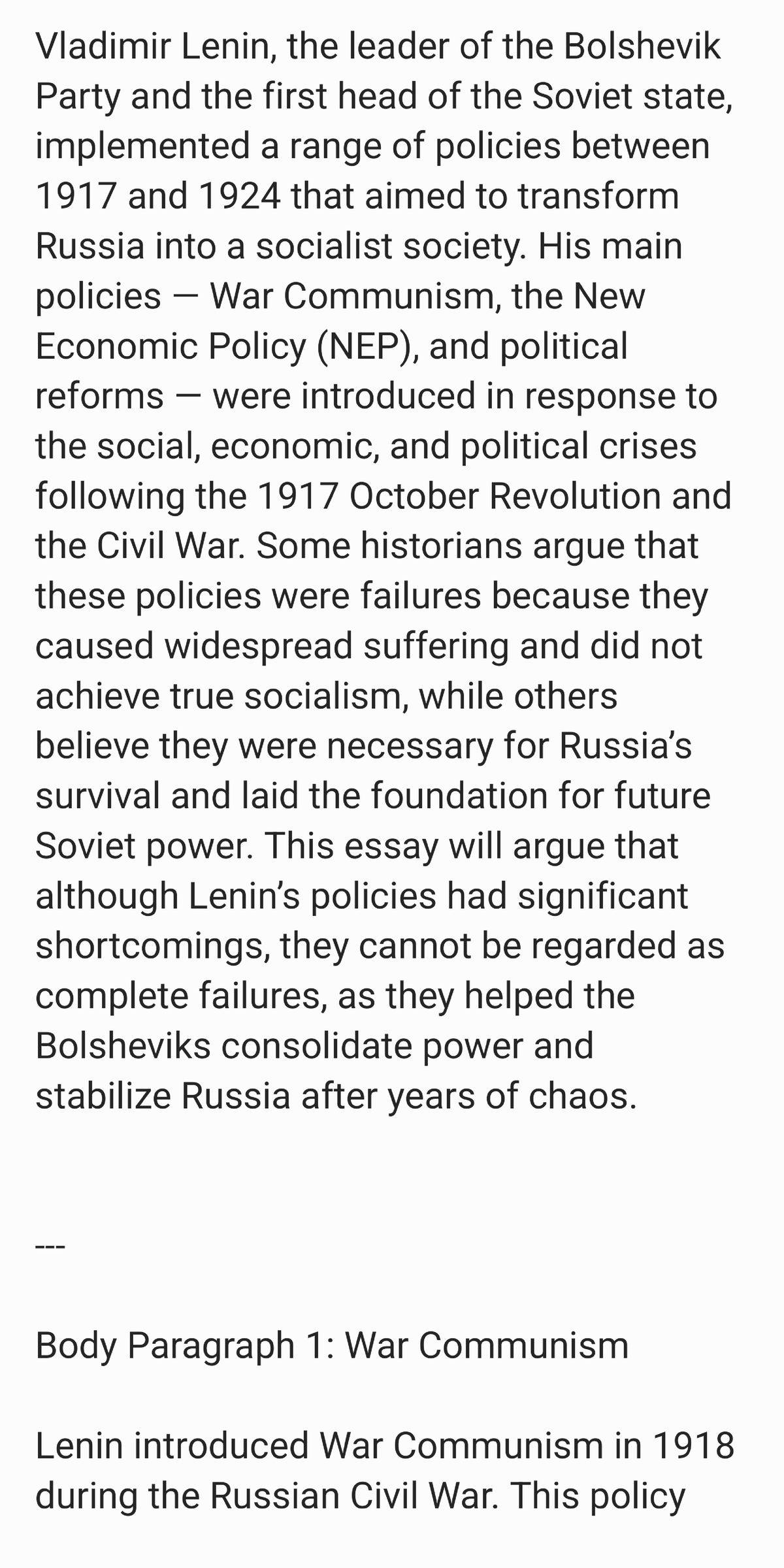History Essay 102557: Lenin's Policies (1917-1924) - Successes ...