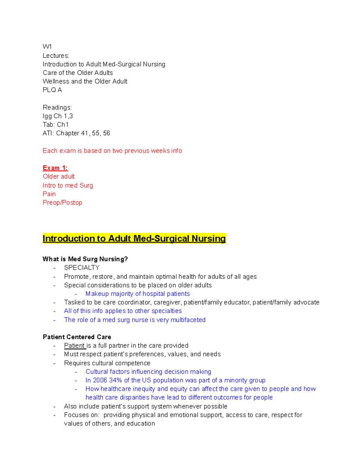 Med Surge W1 - Comprehensive Nursing Notes for Older Adults - Studocu