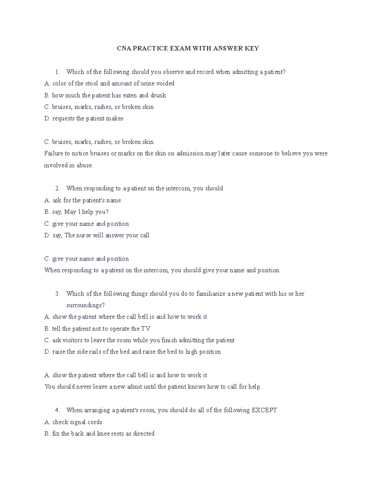 CNA Practice Test & Answer Key for Certification Prep - Studocu