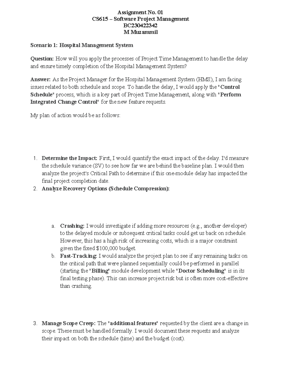 CS615 Assignment 01: Project Time Management in Hospital Management ...