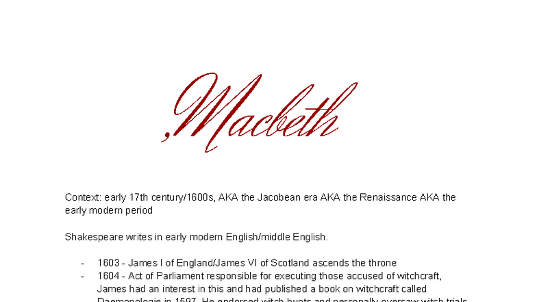 Macbeth Context: Jacobean Era Insights and Analysis (ENG 101) - Studocu