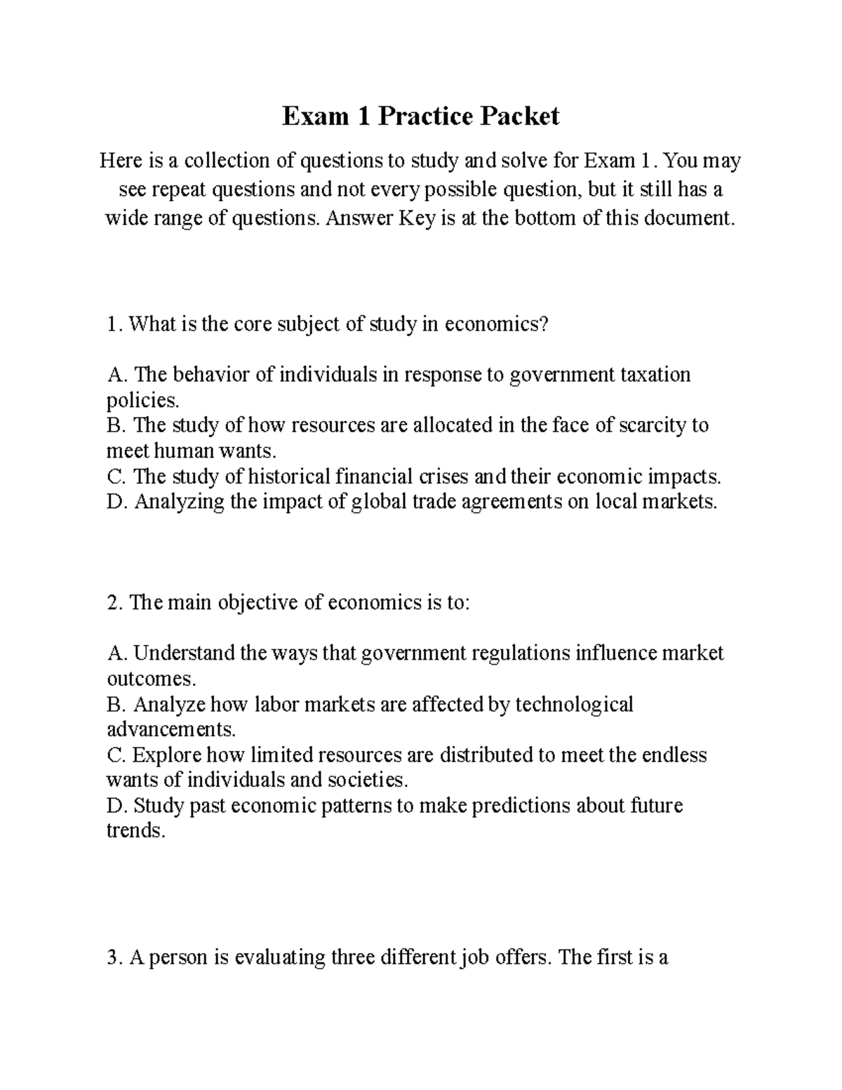 Economics 101: Exam 1 Practice Packet - Concepts & Problems - Studocu