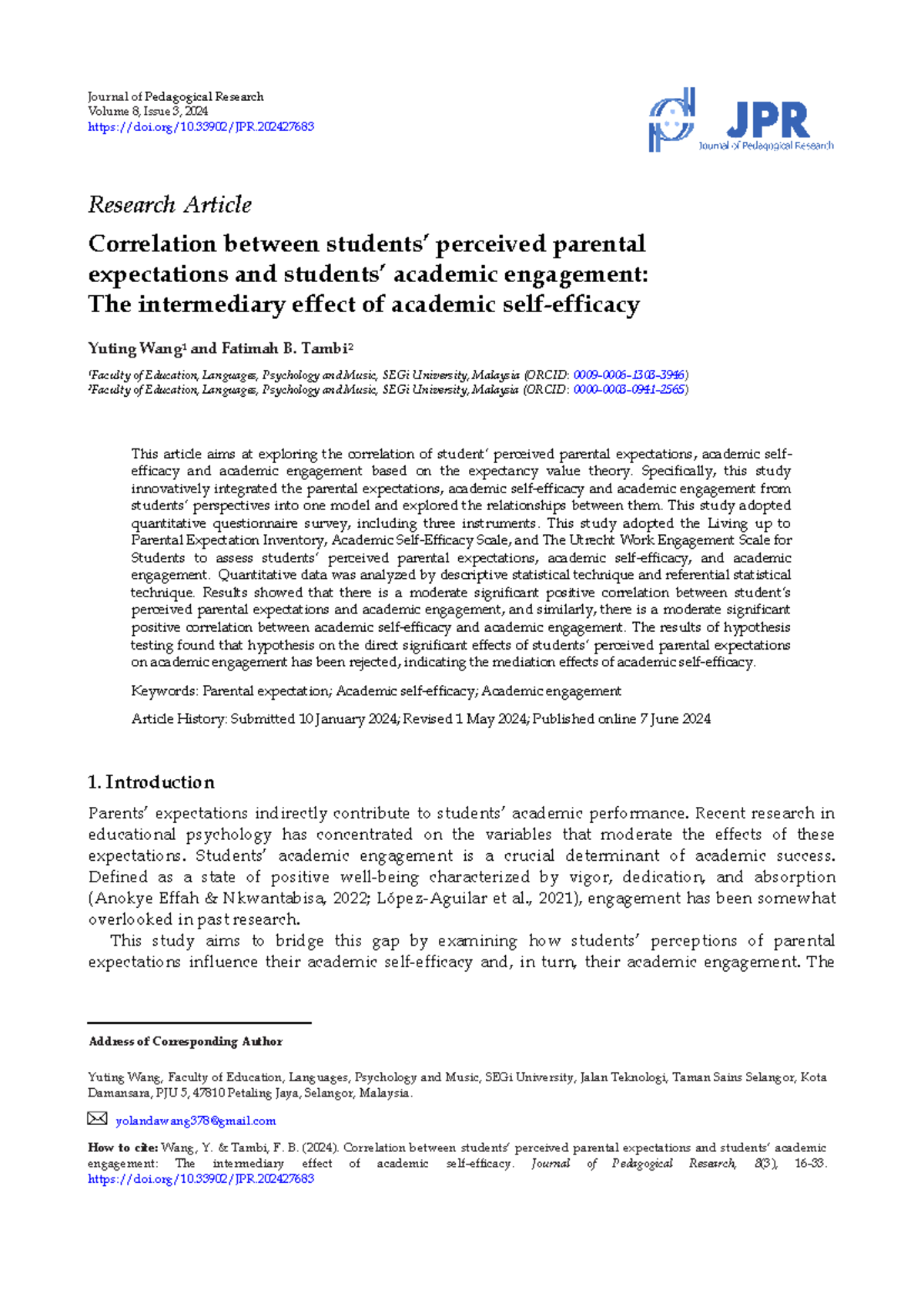 Correlation between Parental Expectations and Academic Engagement: A ...